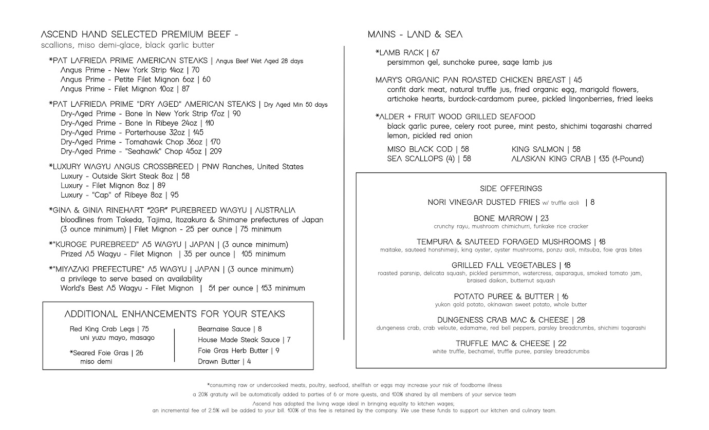 Dining Room Menu | Ascend Prime Steak & Sushi
