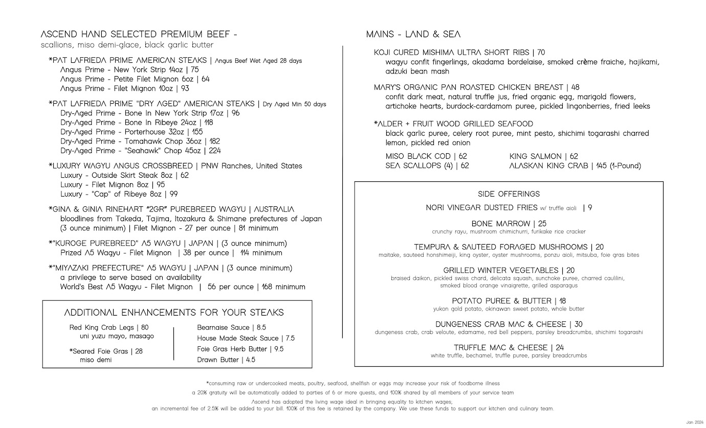 Dining Room Menu | Ascend Prime Steak & Sushi