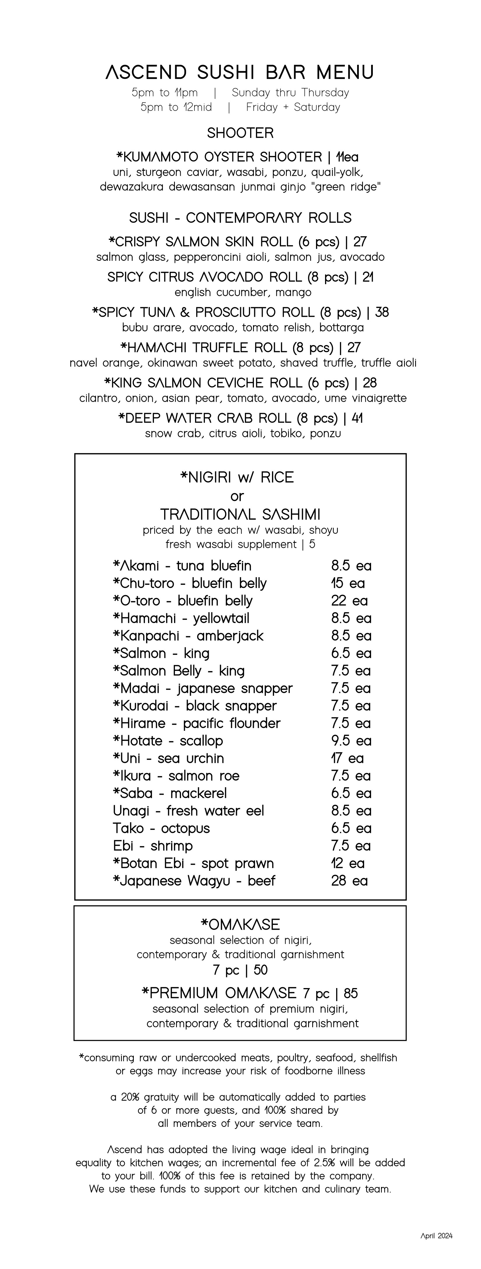 Dining Room Menu | Ascend Prime Steak & Sushi