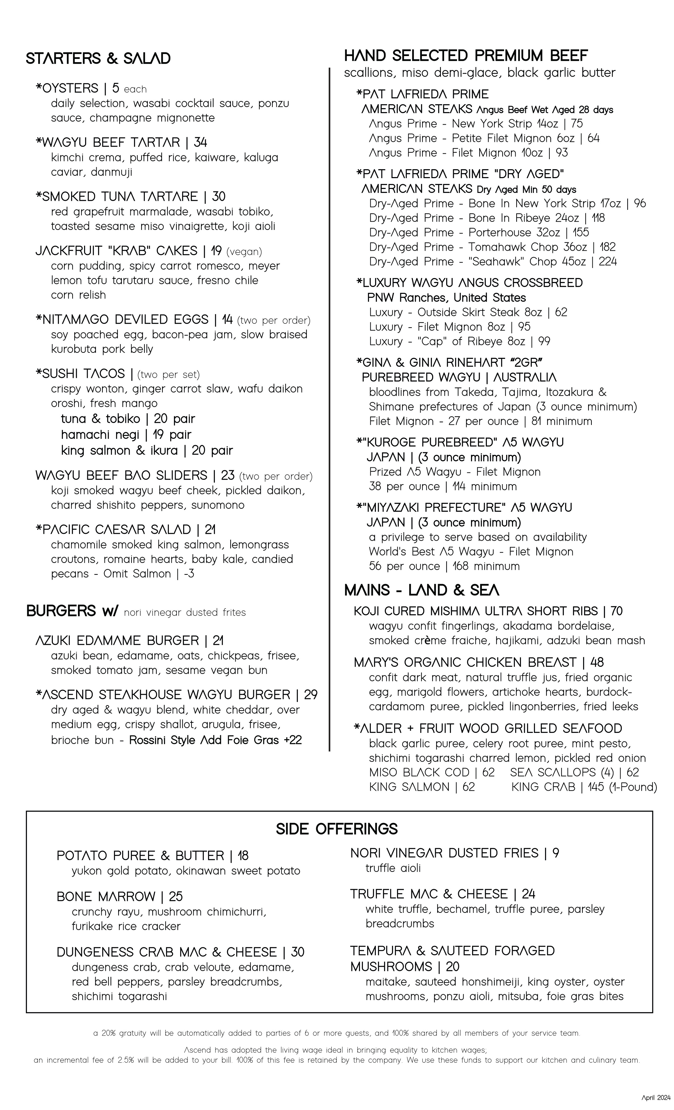 Lounge Menu | Ascend Prime Steak & Sushi